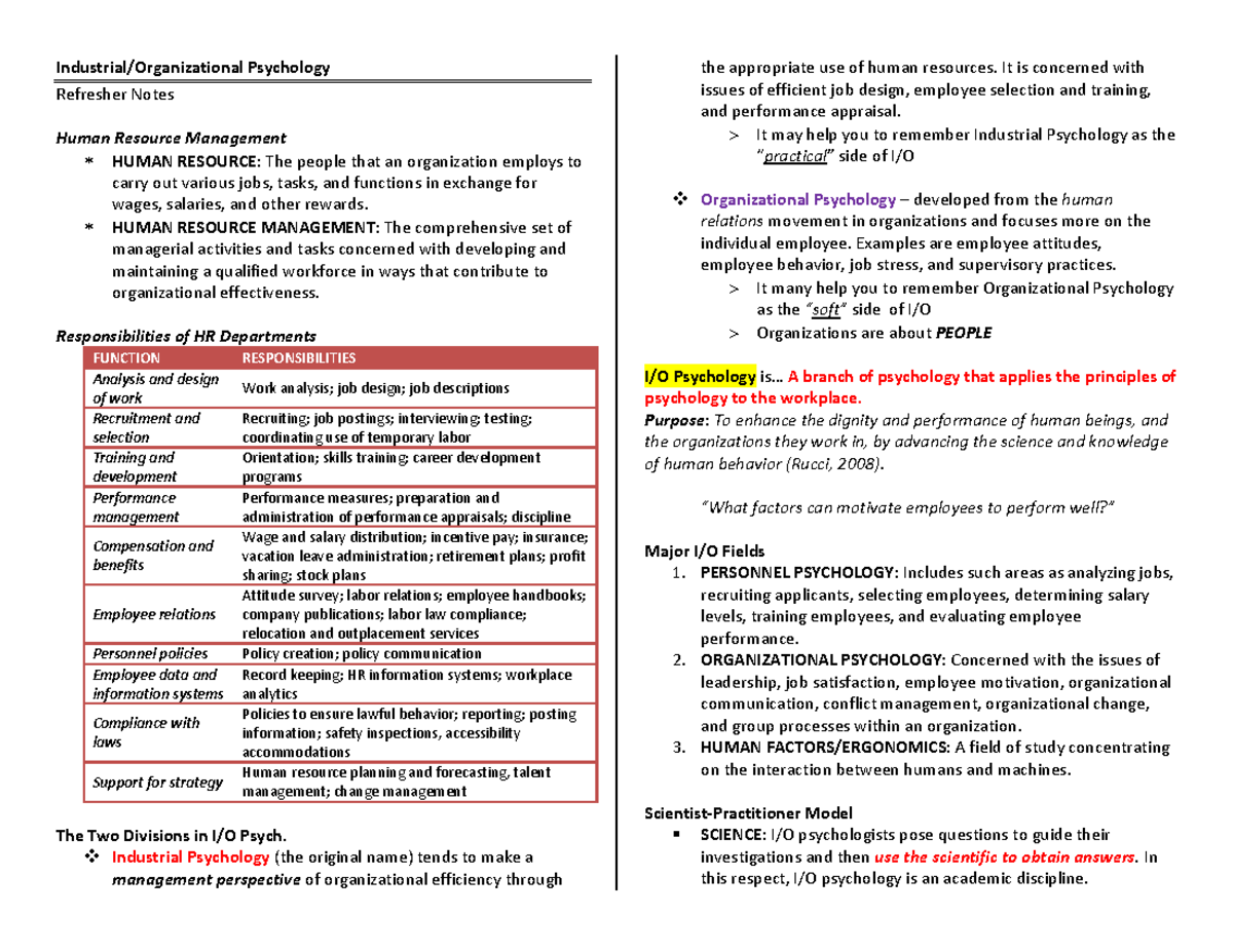 IO Refresher Notes - Industrial/Organizational Psychology Refresher ...