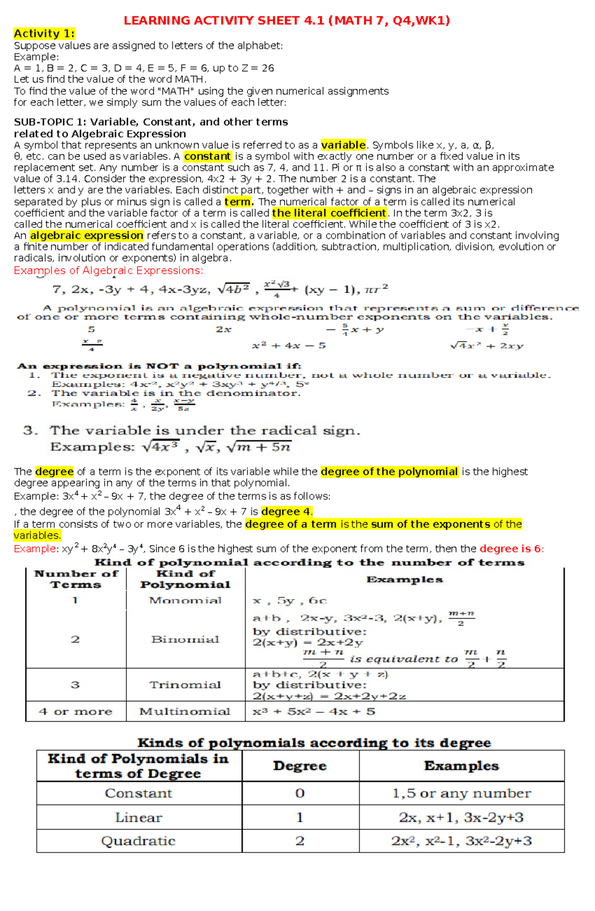 Math 7 - Learning Activity Sheet 4: Algebraic Expressions & Values ...