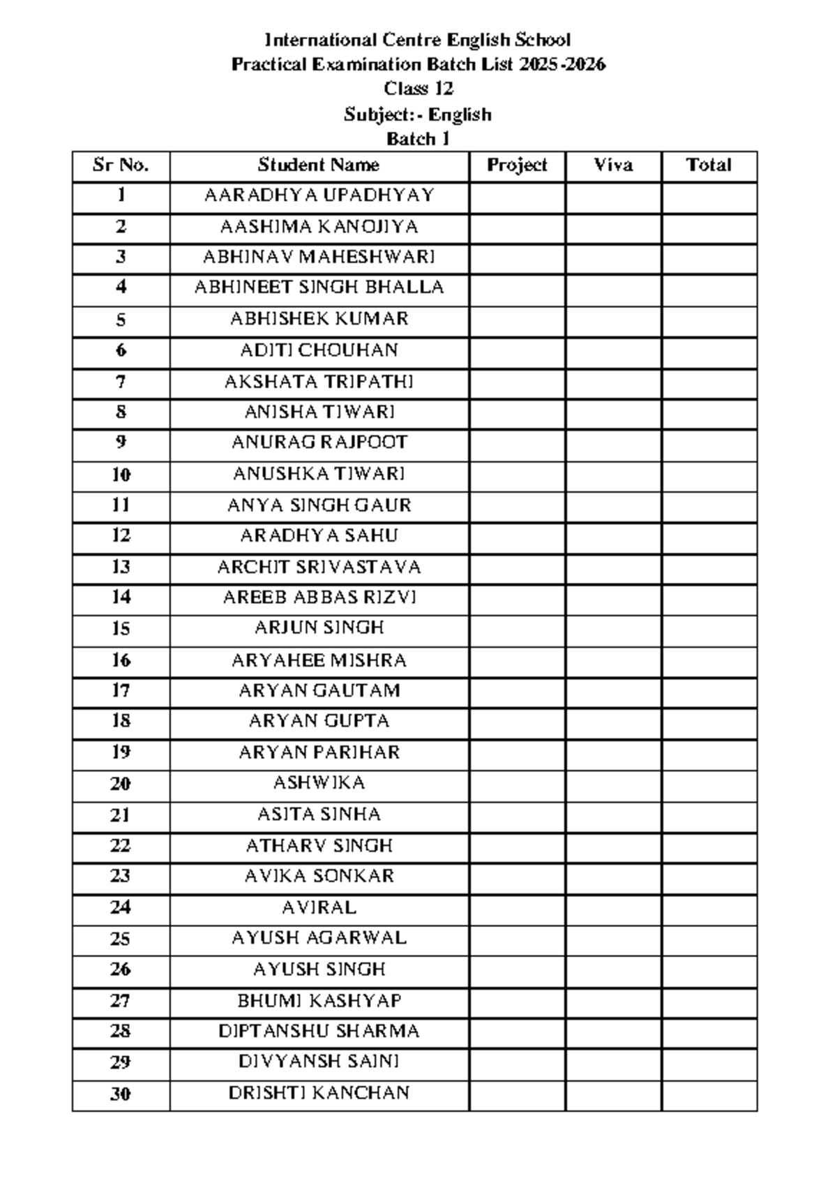 Class 12 English Practical Exam Batch List - Project Viva - Studocu