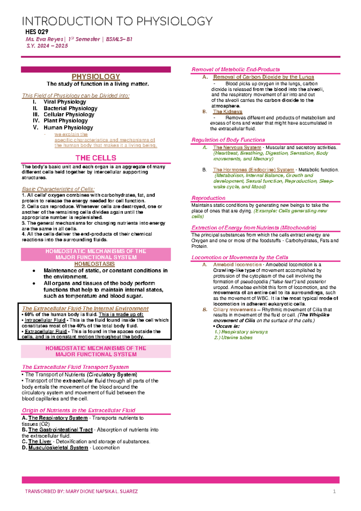 Introduction to Physiology HES 029: Key Concepts and Mechanisms - Studocu
