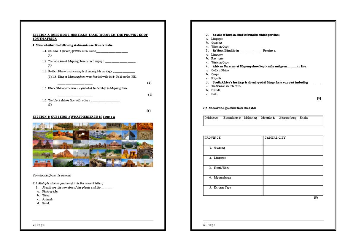 Grade 6 History Baseline Assessment on South African Heritage - Studocu