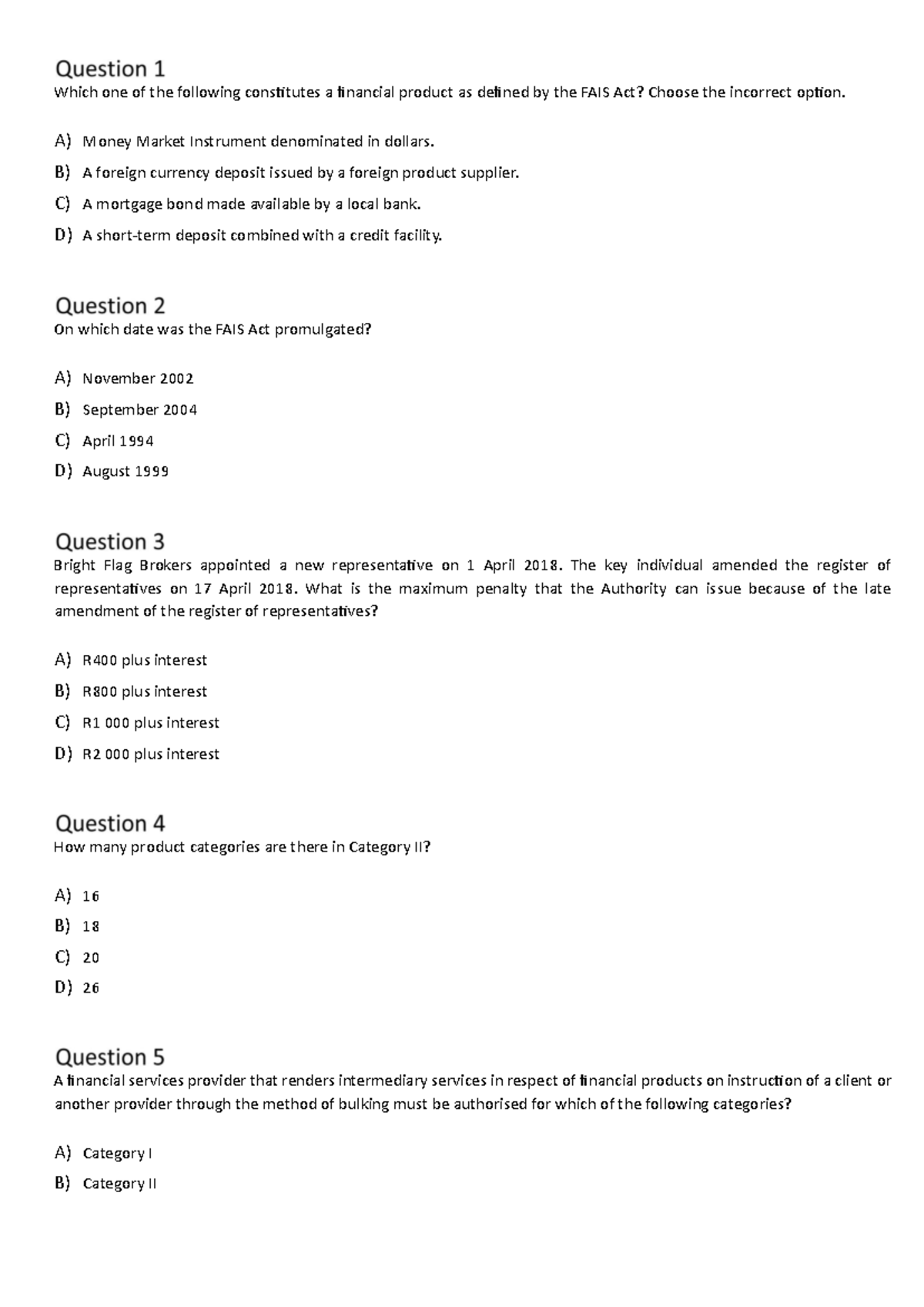 RE5 Mock Exam: Financial Products & FAIS Act Overview - Studocu