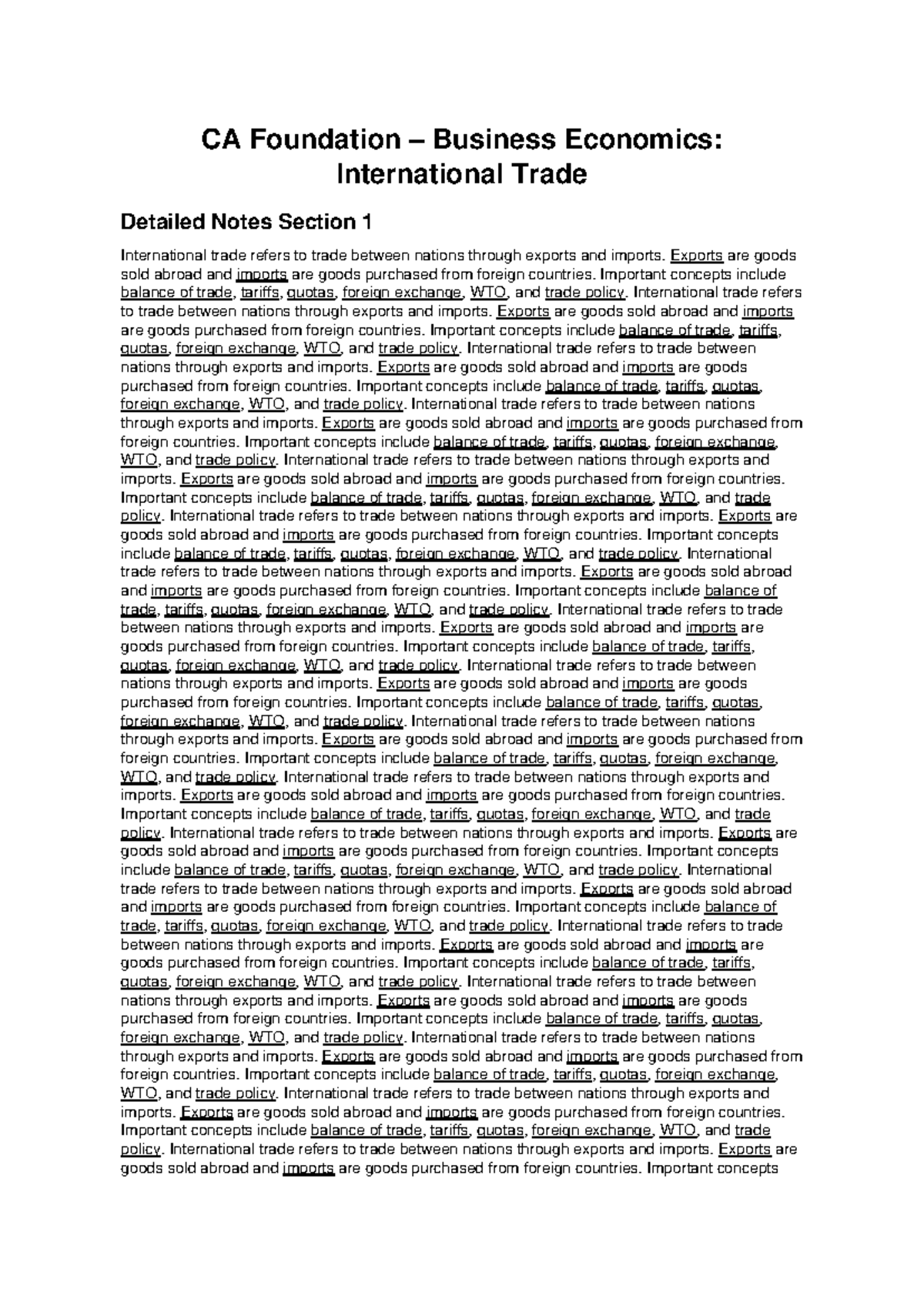 CA Foundation Business Economics: International Trade Notes - Studocu