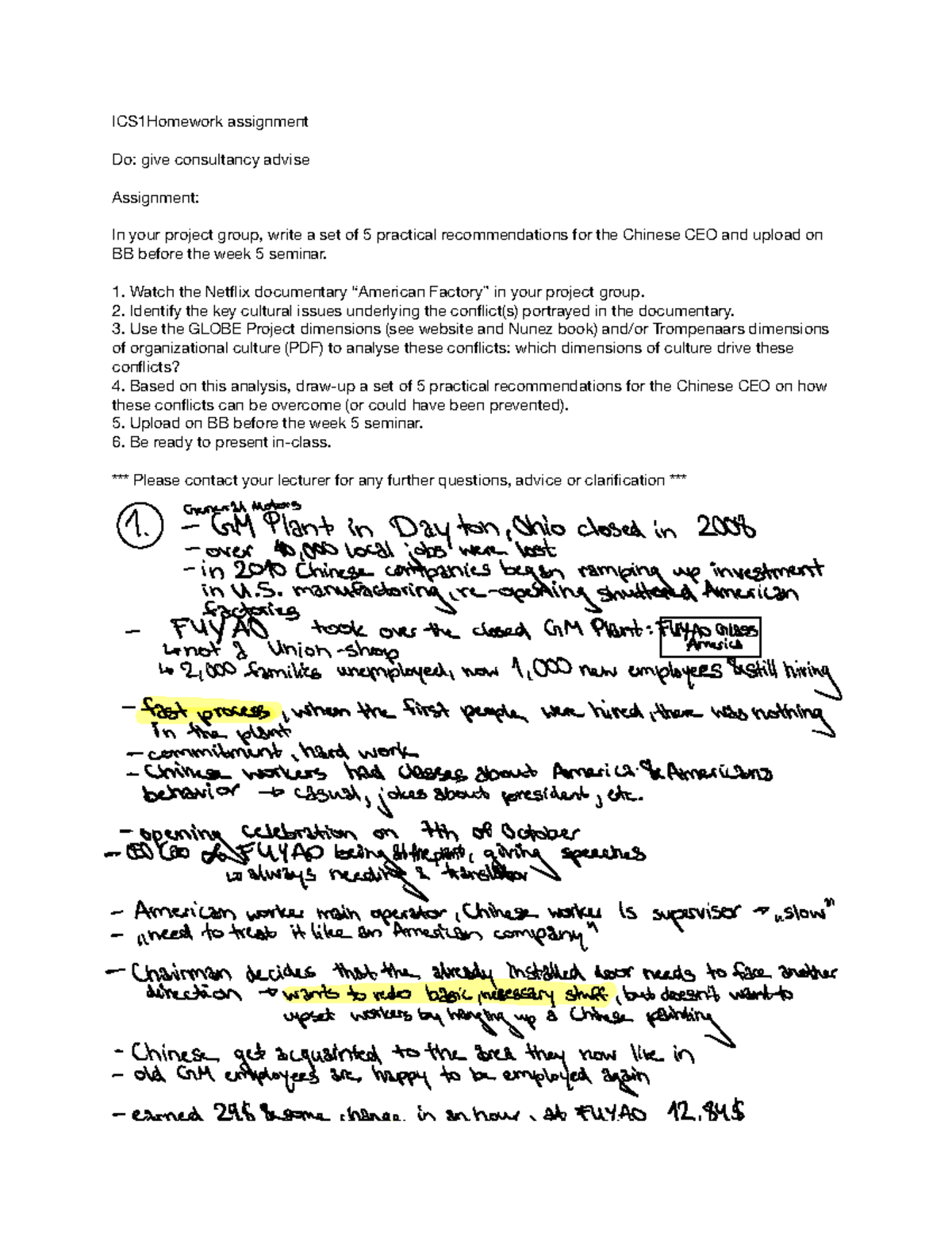 ICS1 American Factory Consultancy Assignment: Key Recommendations ...