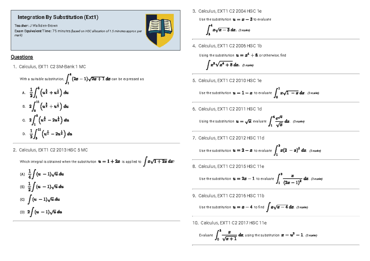 12MATX1 Integration by Substitution - 1. Calculus, EXT1 C2 SM-Bank 1 MC ...