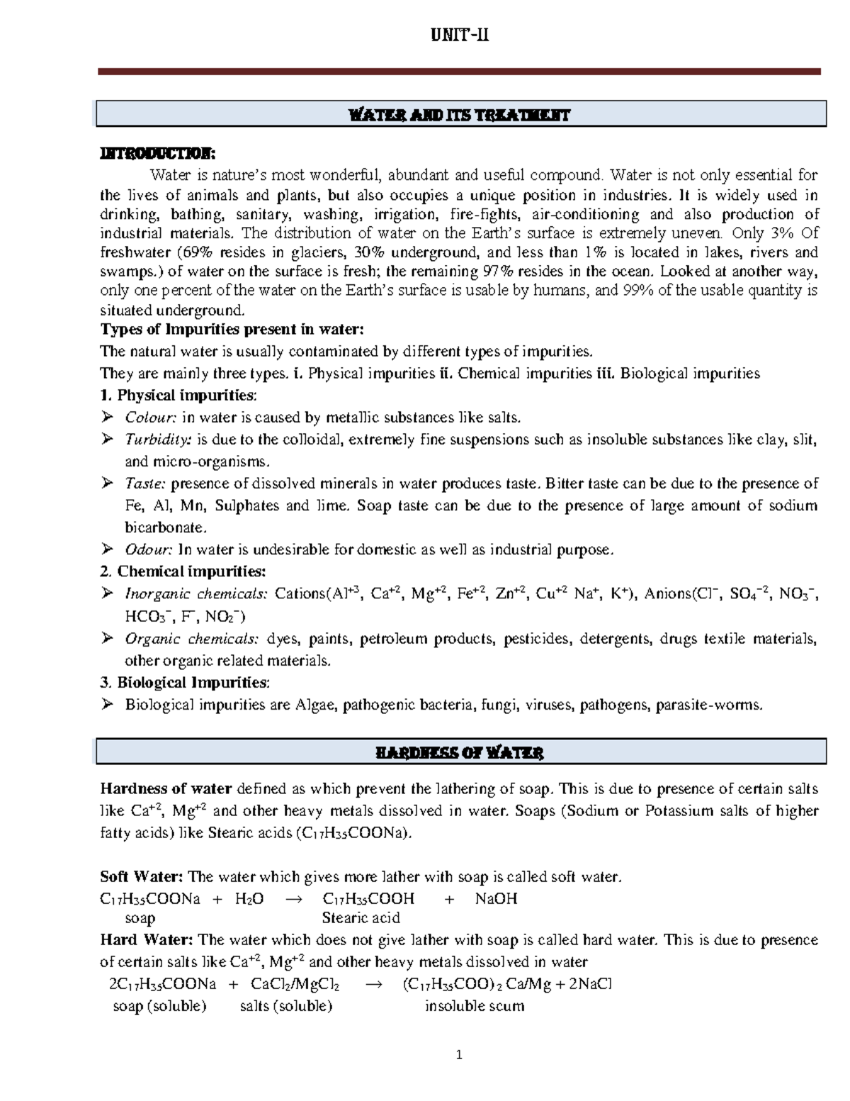Chemistry Notes: Water Treatment & Hardness (Unit 2) - Studocu