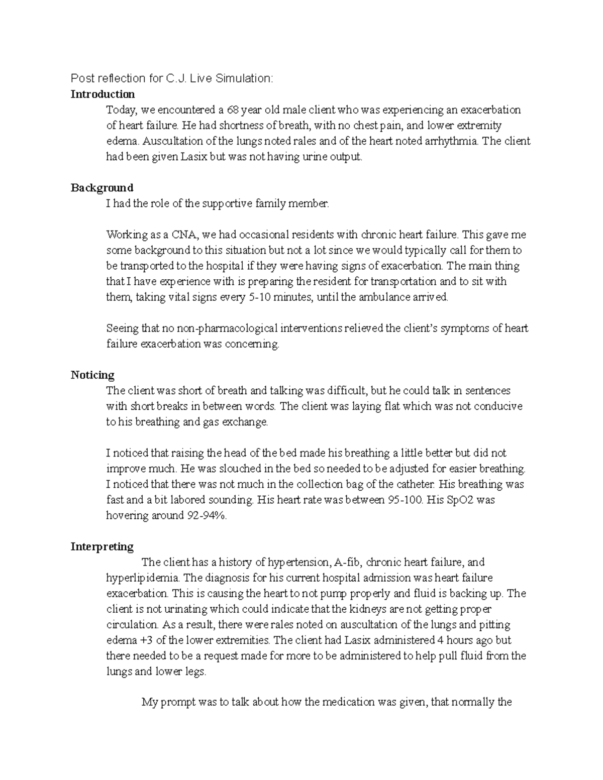 NUR390S C.J. Live Simulation Reflection: Heart Failure Case Study - Studocu