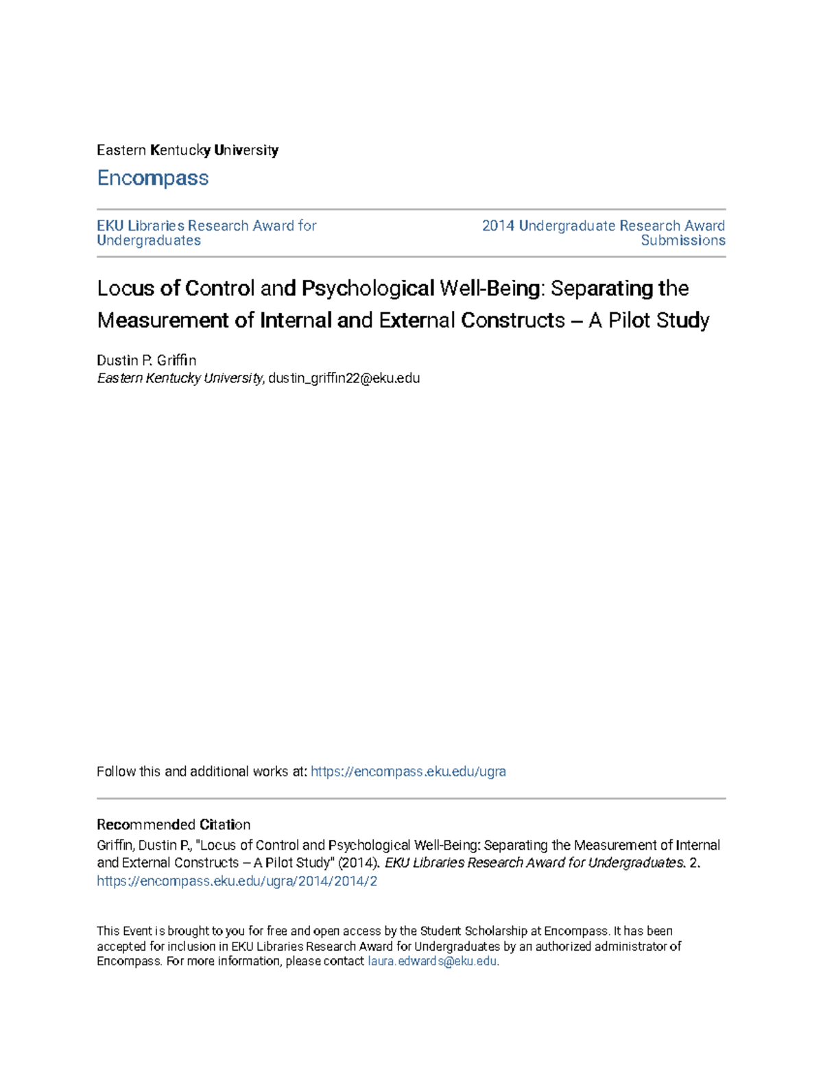 EKU PSY 2014 Pilot Study: Locus of Control & Psychological Well-Being ...