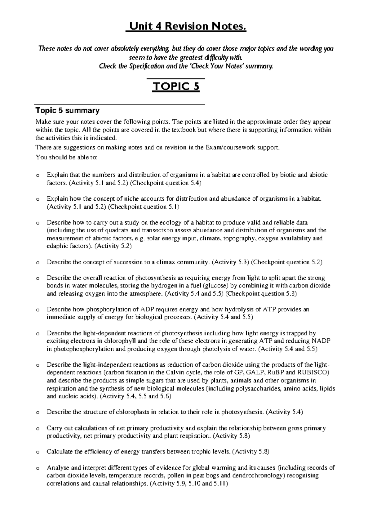 Biology Unit 4: Comprehensive Revision Notes on Key Concepts - Studocu