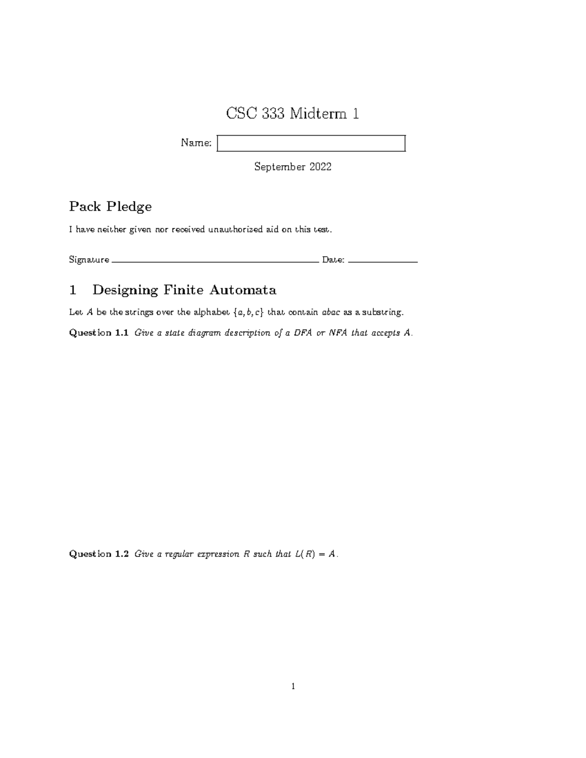 CSC 333 Midterm 1 - Exam on Finite Automata & Regular Expressions - Studocu