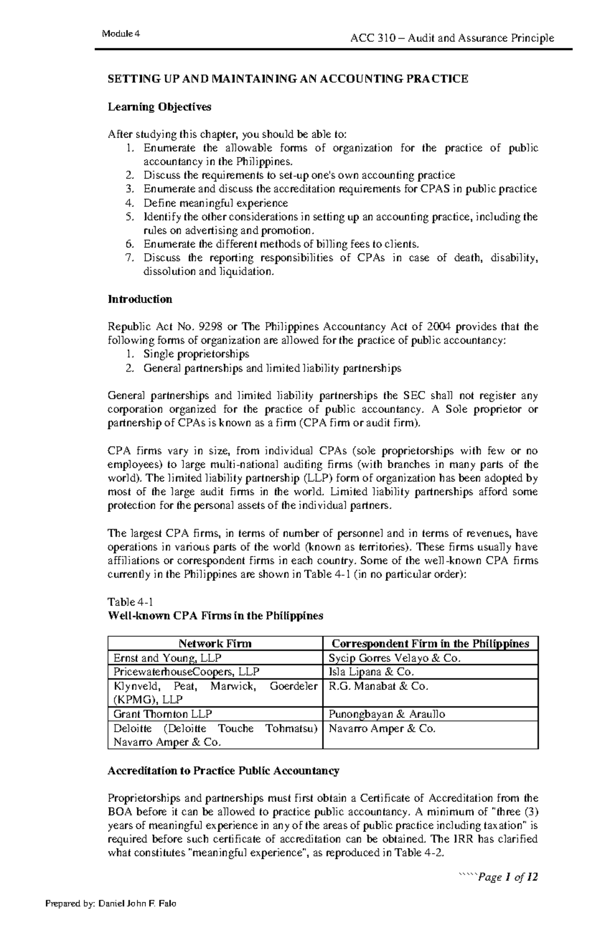 ACC 310 - M004 - Lecture notes 4 - `````Page 1 of 12 ACC 310 – Audit ...