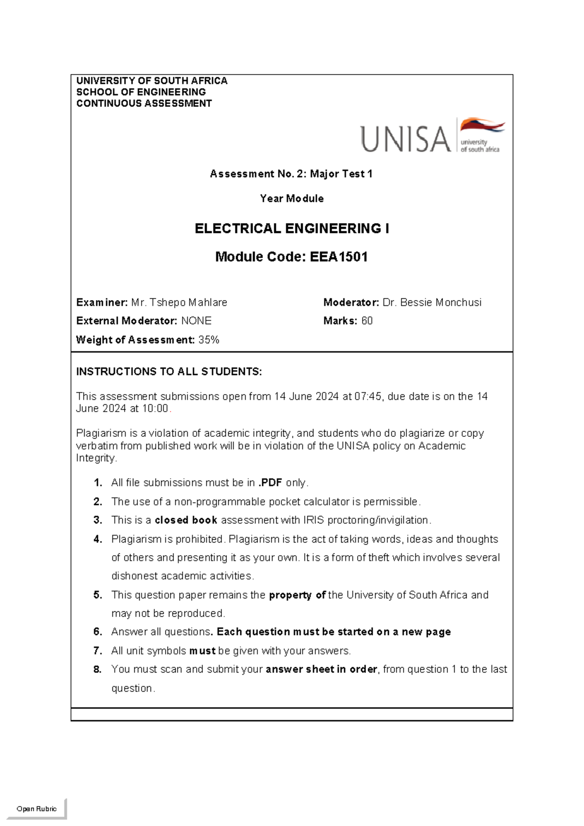 EEA1501 Major Test 1 Question Paper - Electrical Engineering I 2024 ...