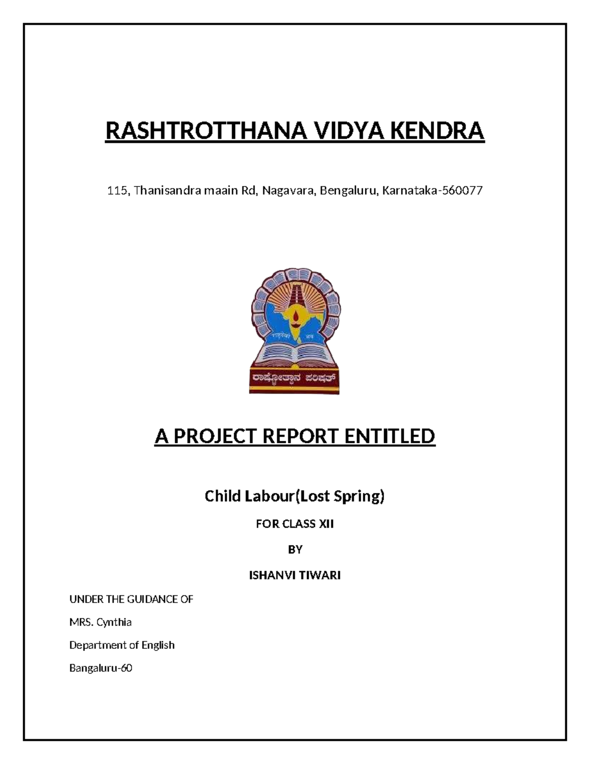 Child Labour Project Report (Class XII) - Lost Spring Analysis - Studocu