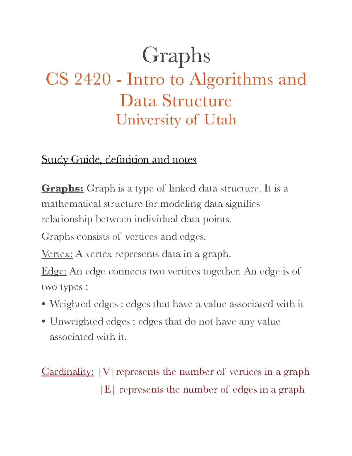 CS 2420 Study Guide: Understanding Graphs in Algorithms & Data ...