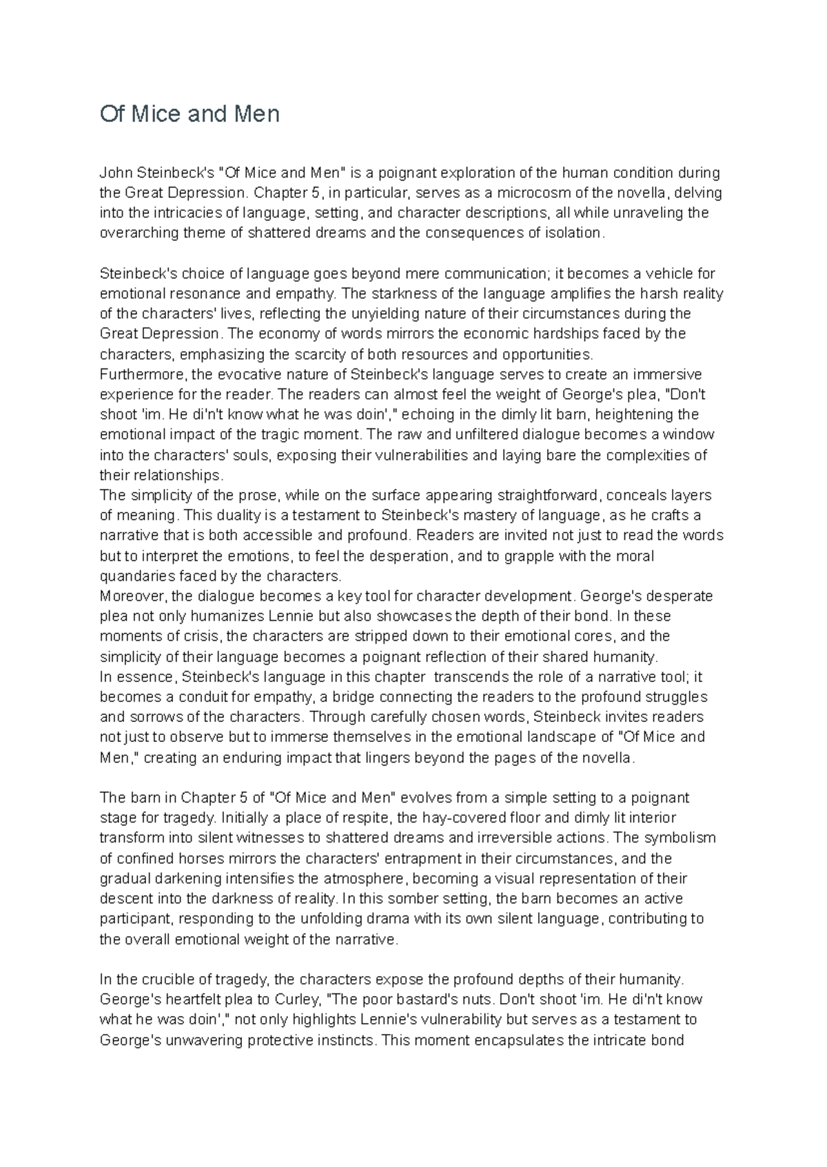 Essay (Of Mice and Men) - Of Mice and Men John Steinbeck's "Of Mice and ...