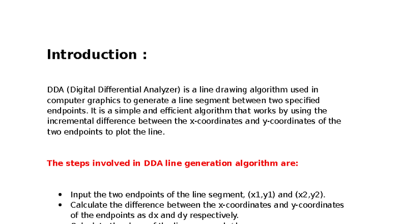 Lab 2: Understanding the DDA Line Drawing Algorithm in CG - Studocu
