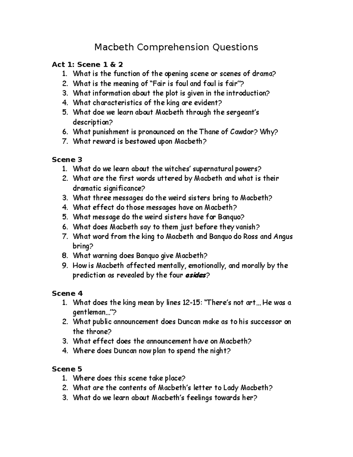 Macbeth (ENG 101) Comprehension Questions: Act-by-Act Analysis - Studocu