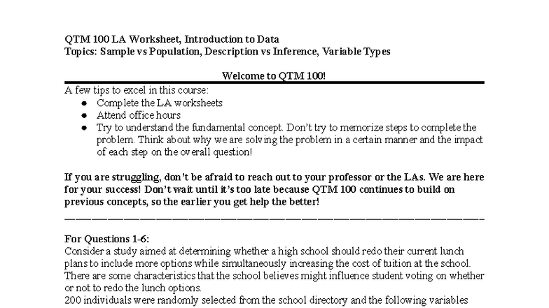 QTM 100 LA Worksheet: Understanding Sample vs Population & Variable ...