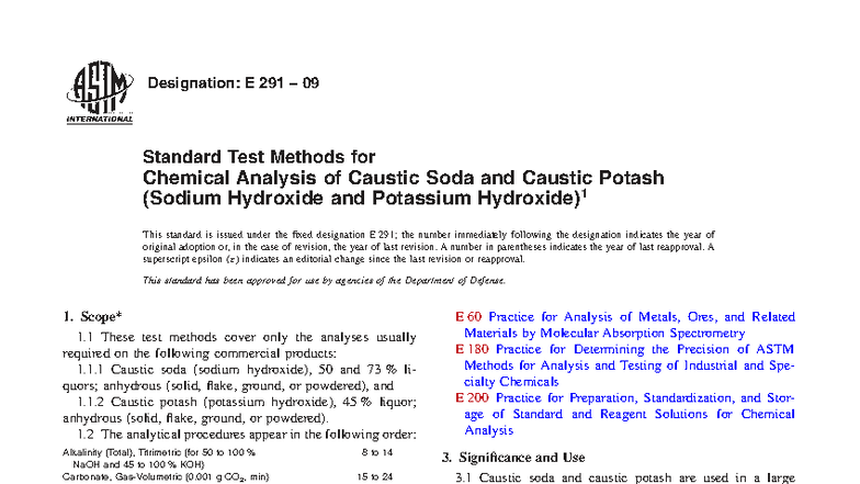 ASTM E291 09 Standard Test Methods for Analyzing Caustic Soda & Potash ...