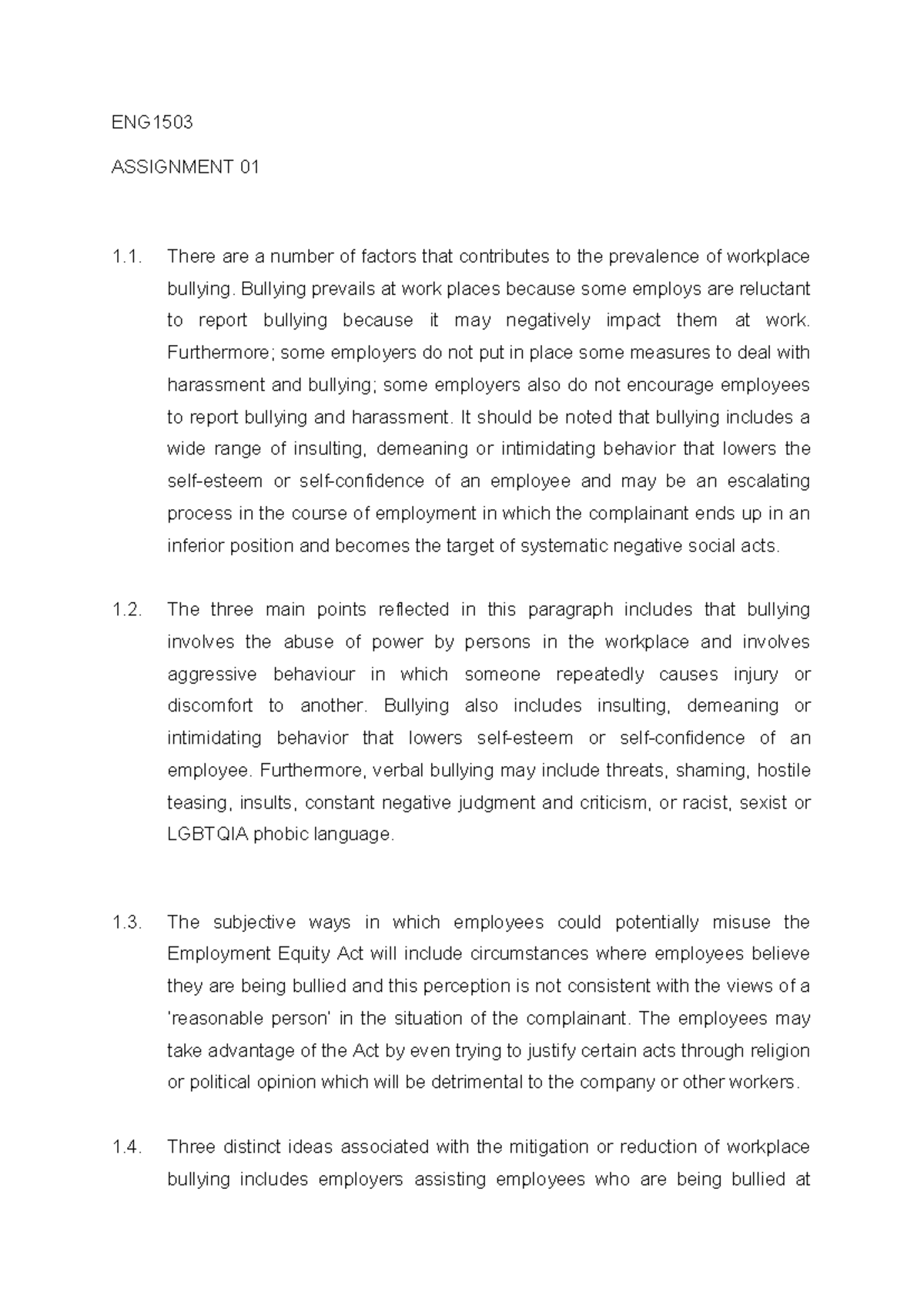 ENG1503 Assignment 1: Understanding & Mitigating Workplace Bullying ...