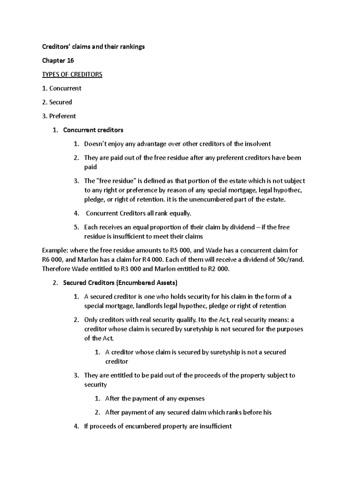 Chapter 16: Types and Rankings of Creditors in Insolvency Law - Studocu