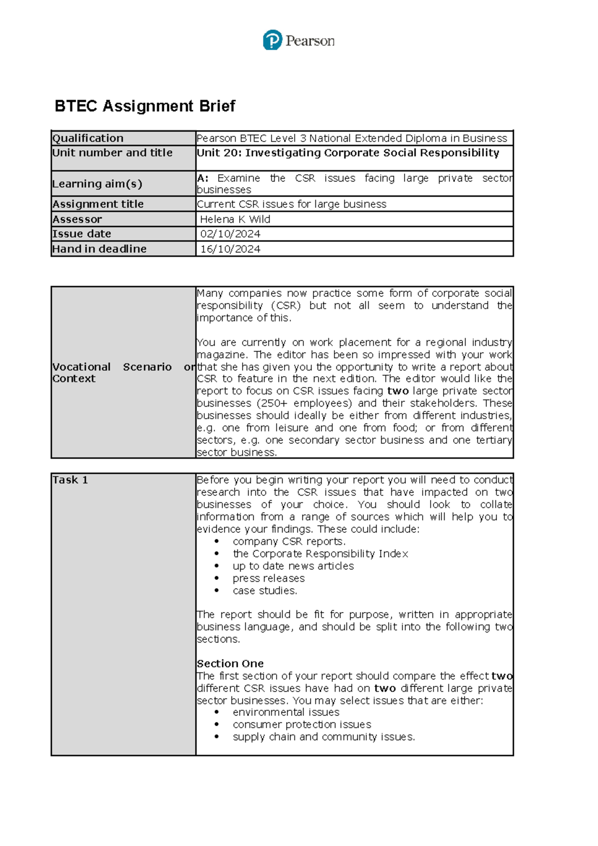 Unit 20 A1 Assignment Brief - Learning Outcome 1 - BTEC Assignment Brief Qualification Pearson ...