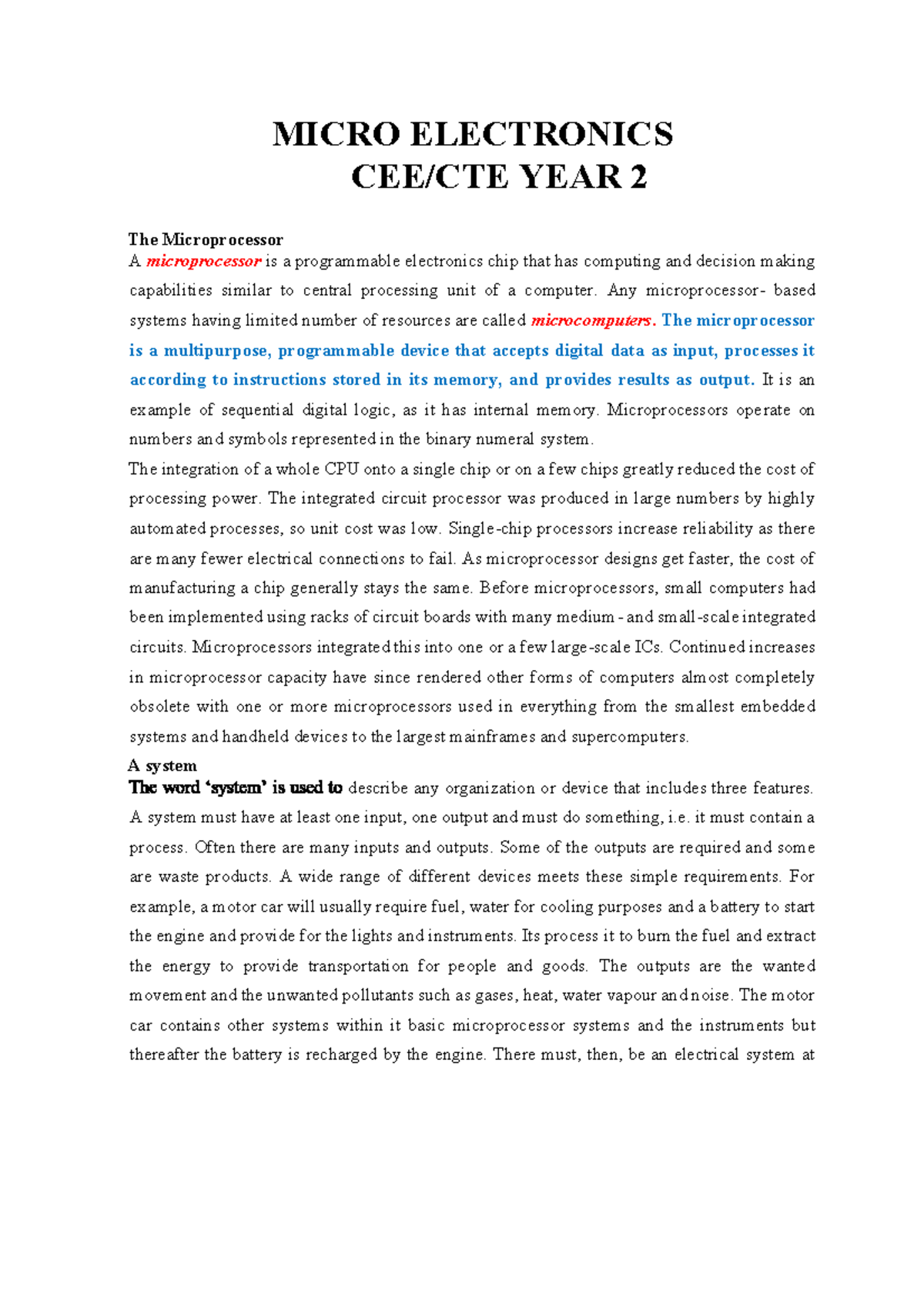 MICRO ELECTRONICS YEAR 2: Understanding Microprocessors and Their ...