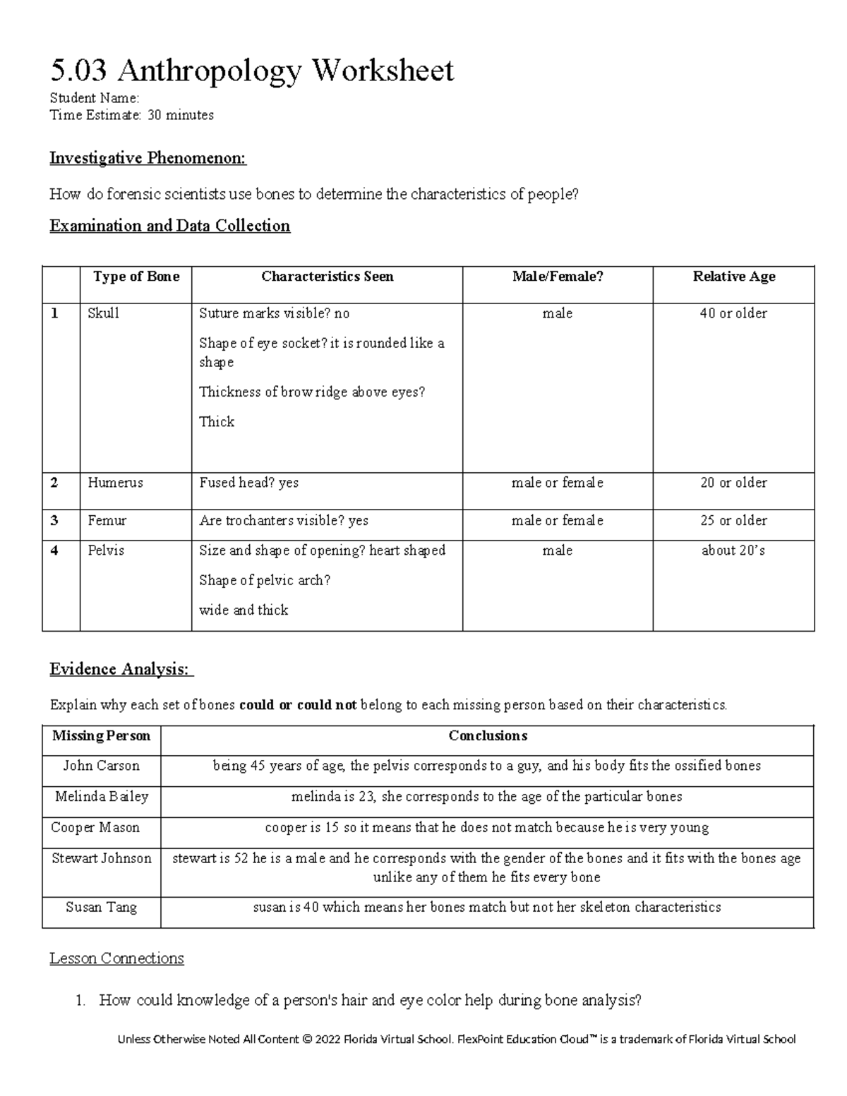 5.03 Anthropology Worksheet: Forensic Bone Analysis Insights - Studocu