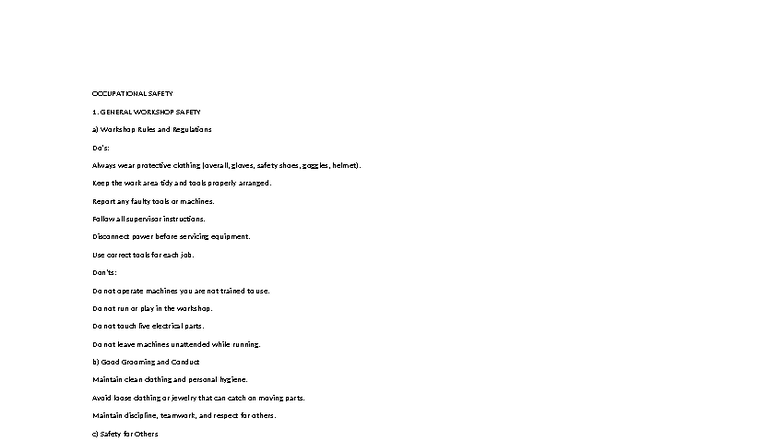 OCCUPATIONAL SAFETY: Workshop Safety & Electrical Tools Guide - Studocu