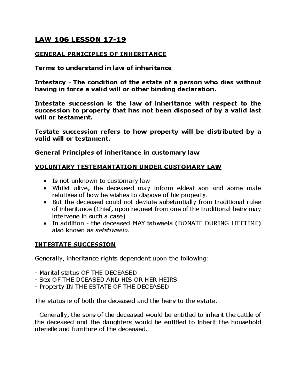 LAW 106 LESSON 17-18: General Principles of Inheritance - Studocu