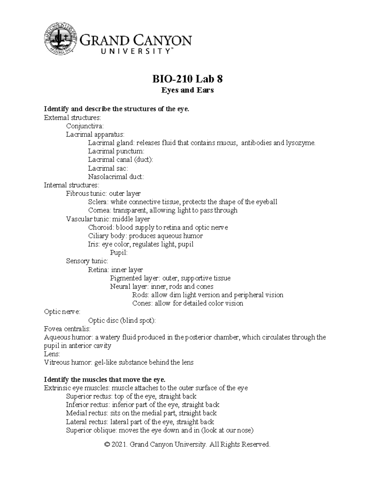 BIO210L Lab 8: Structures of the Eye and Their Functions - Studocu