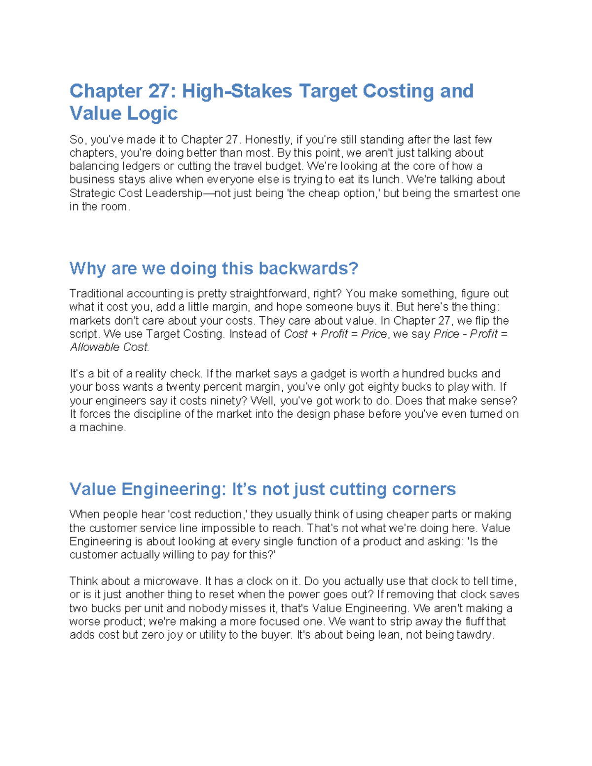 Chapter 27: Target Costing & Value Logic - ACT311 Insights - Studocu