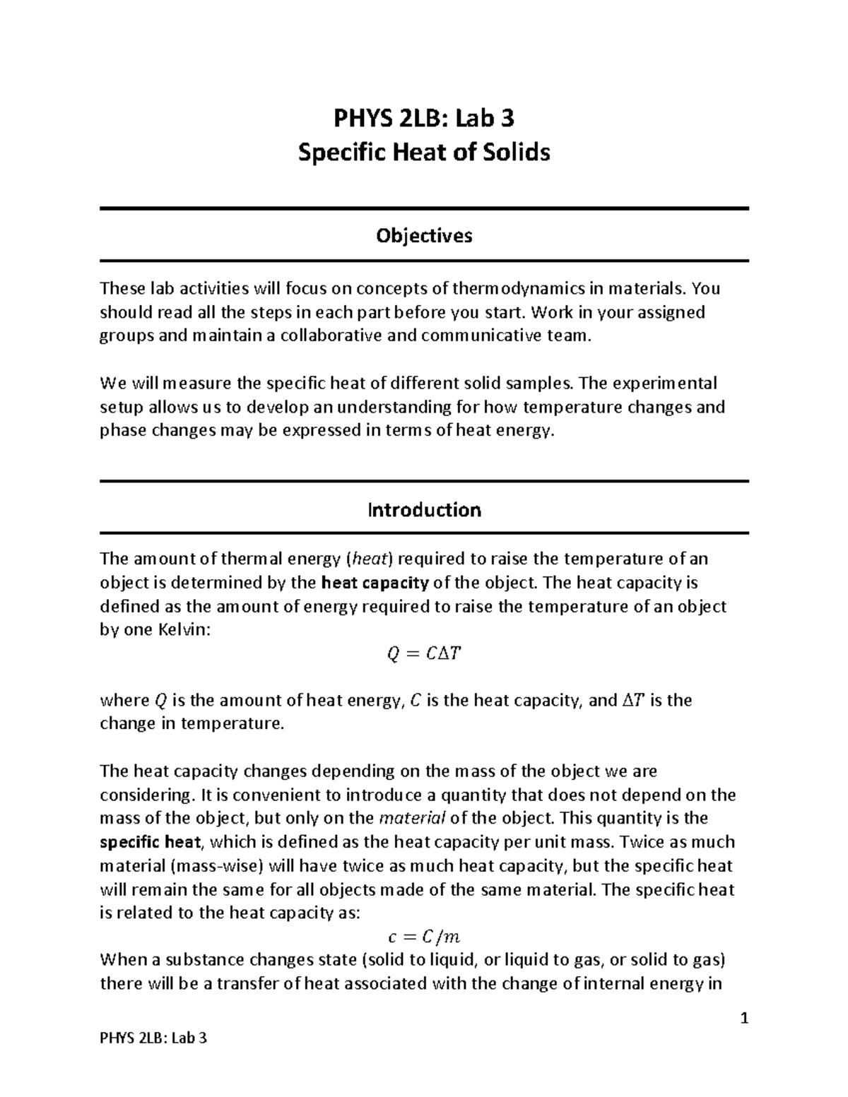 PHYS 2LB: Lab 3 - Specific Heat of Solids - Studocu