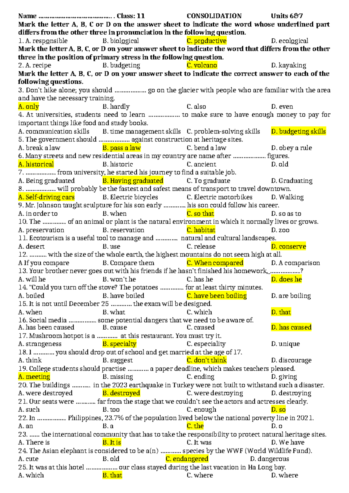 AE11 Consolidation Quiz: Units 6 & 7 ILSW - Studocu
