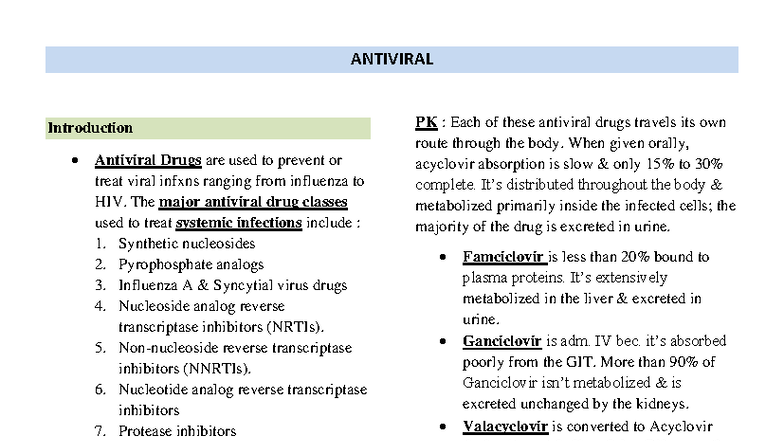 ANTIVIRAL Pharmacology Overview: Key Drug Classes and Mechanisms - Studocu