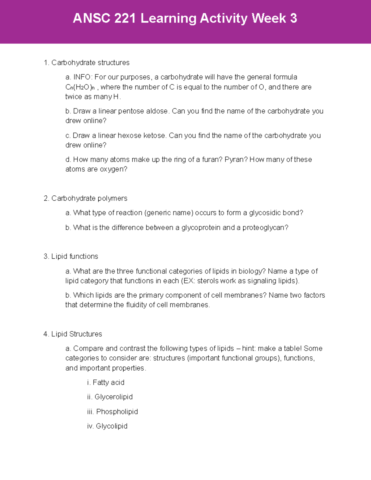 ANSC 221 Week 3 Learning Activity: Carbohydrates & Lipids - Studocu