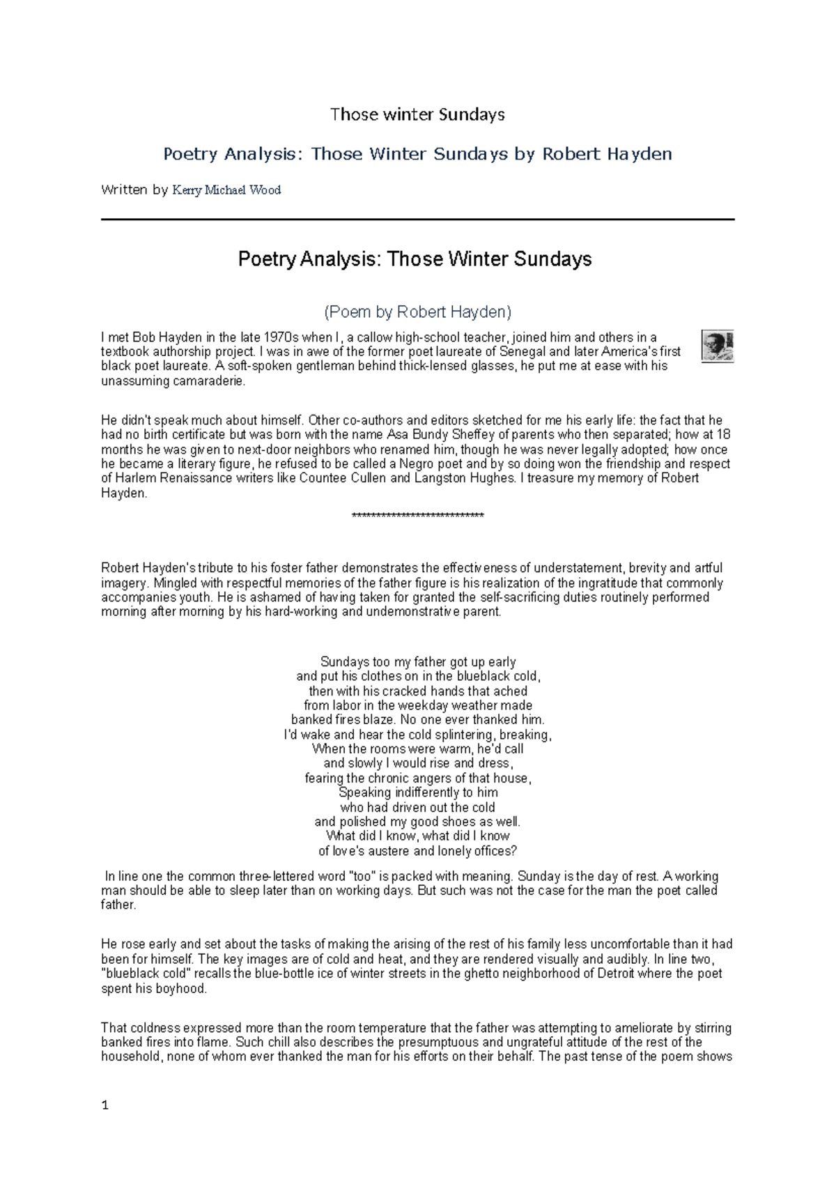 Poetry Analysis: Those Winter Sundays (ENG 010715) - Studocu