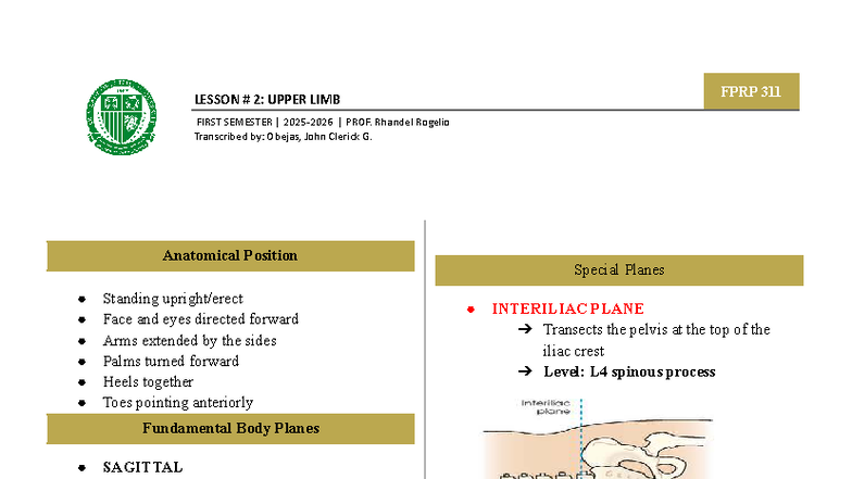 FPRP 311 LESSON 2: UPPER LIMB ANATOMY AND PROJECTIONS - Studocu
