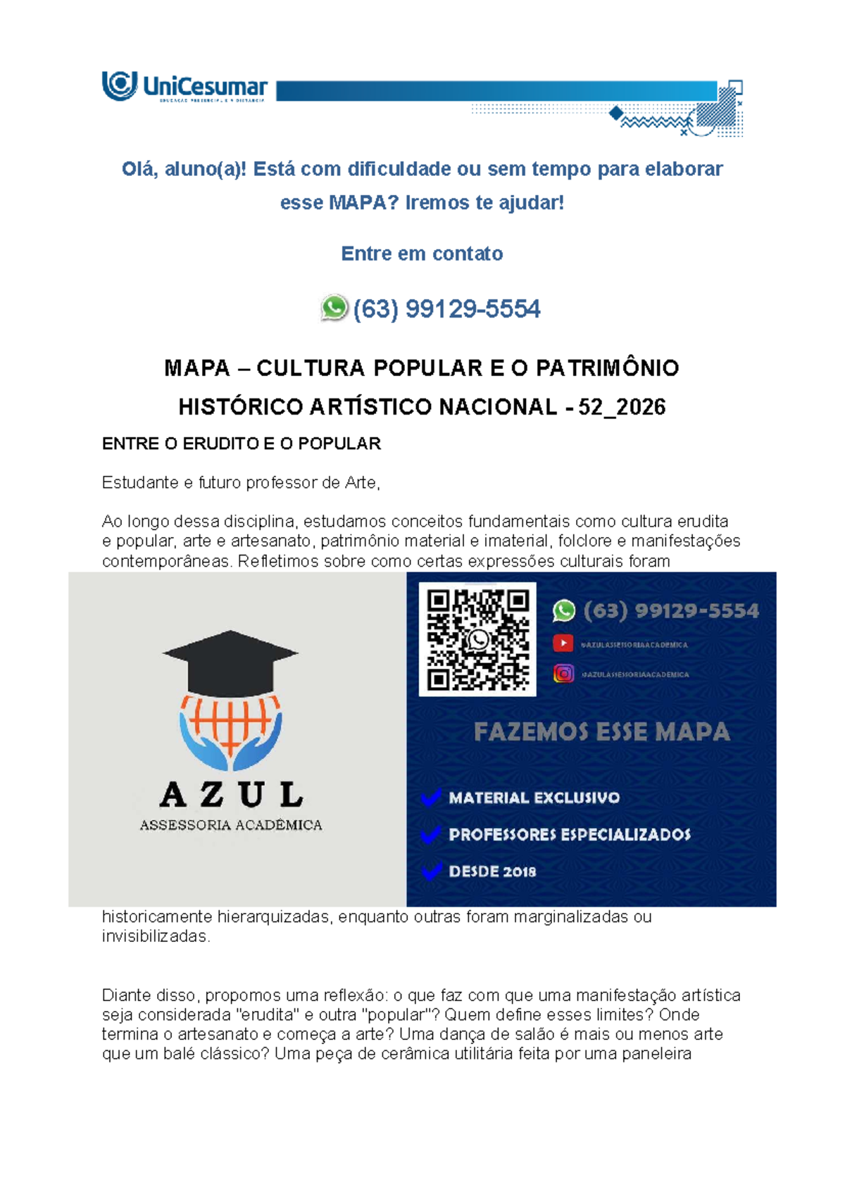 MAPA - CULTURA POPULAR E PATRIMÔNIO ARTÍSTICO NACIONAL - 52_2026 - Studocu