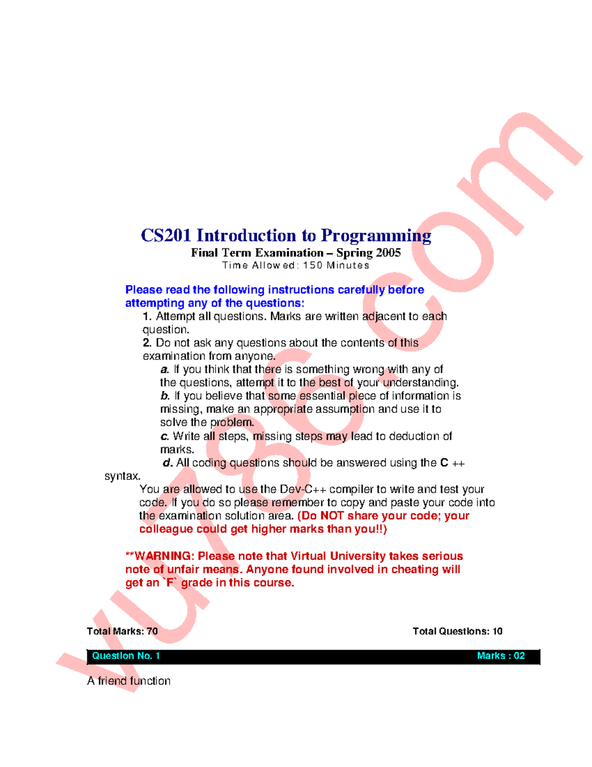 CS201 Introduction to Programming Final Term Exam Spring 2005 - Studocu