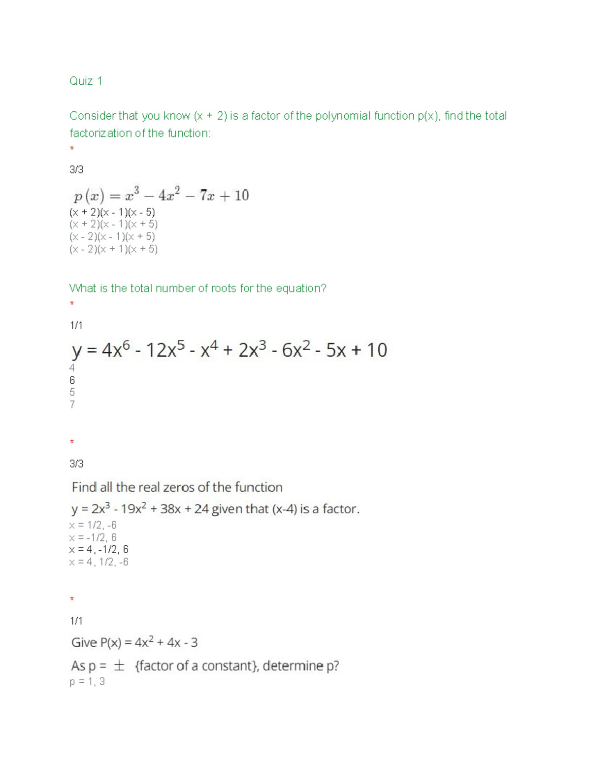 Quiz 1: Factorization and Roots of Polynomial Functions - Studocu