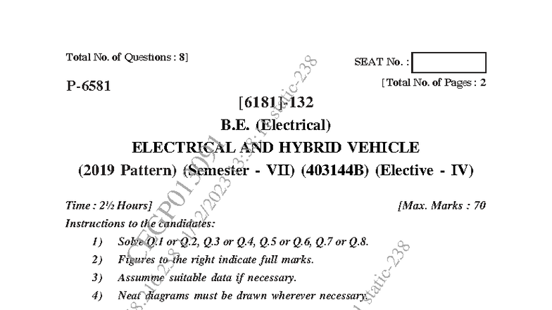 B.E. (Electrical) Elective IV: EV & Hybrid Vehicle Exam QP (403144B ...