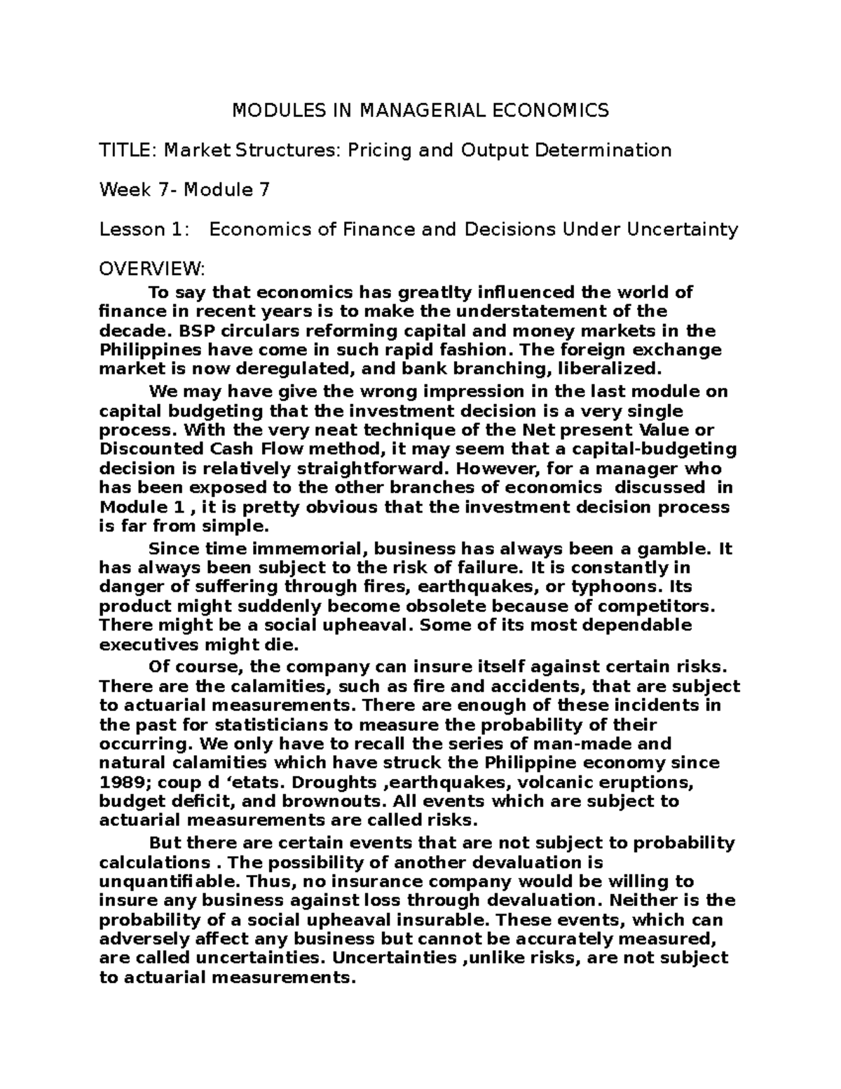 Major 113 Module 7 - Economics - MODULES IN MANAGERIAL ECONOMICS TITLE ...