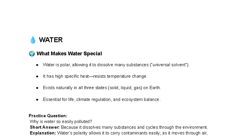 EES 202 Quiz 2 Study Guide: Water's Unique Properties and Environmental ...