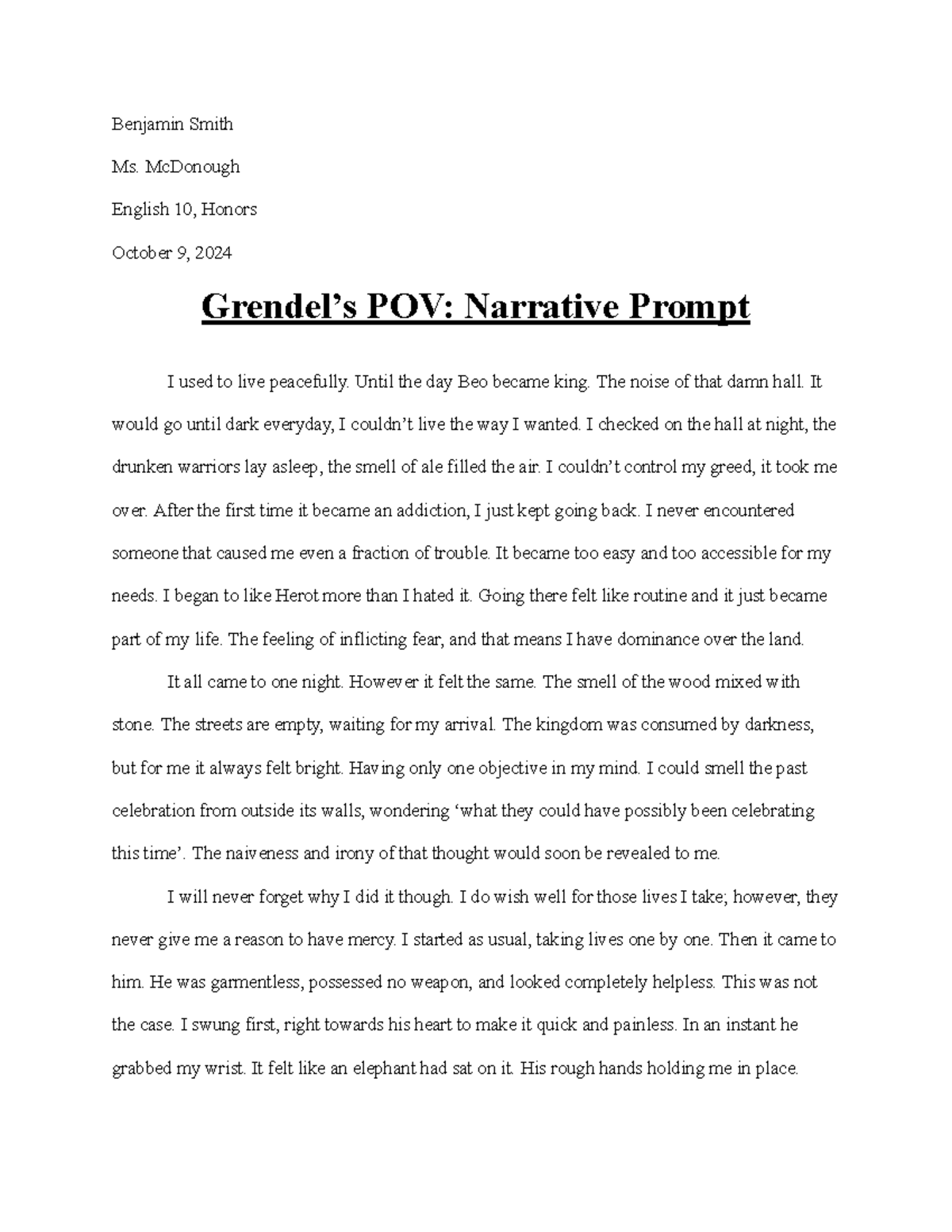 Benjamin Smith - Grendel's POV Narrative Prompt - Benjamin Smith Ms ...