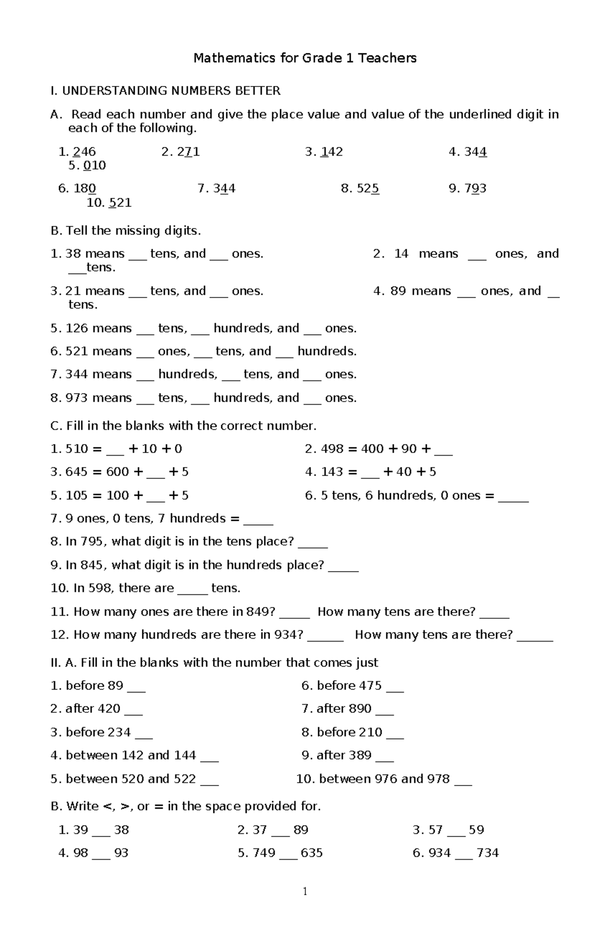 Mathematics for Grade 1 Teachers I: Understanding Numbers and ...