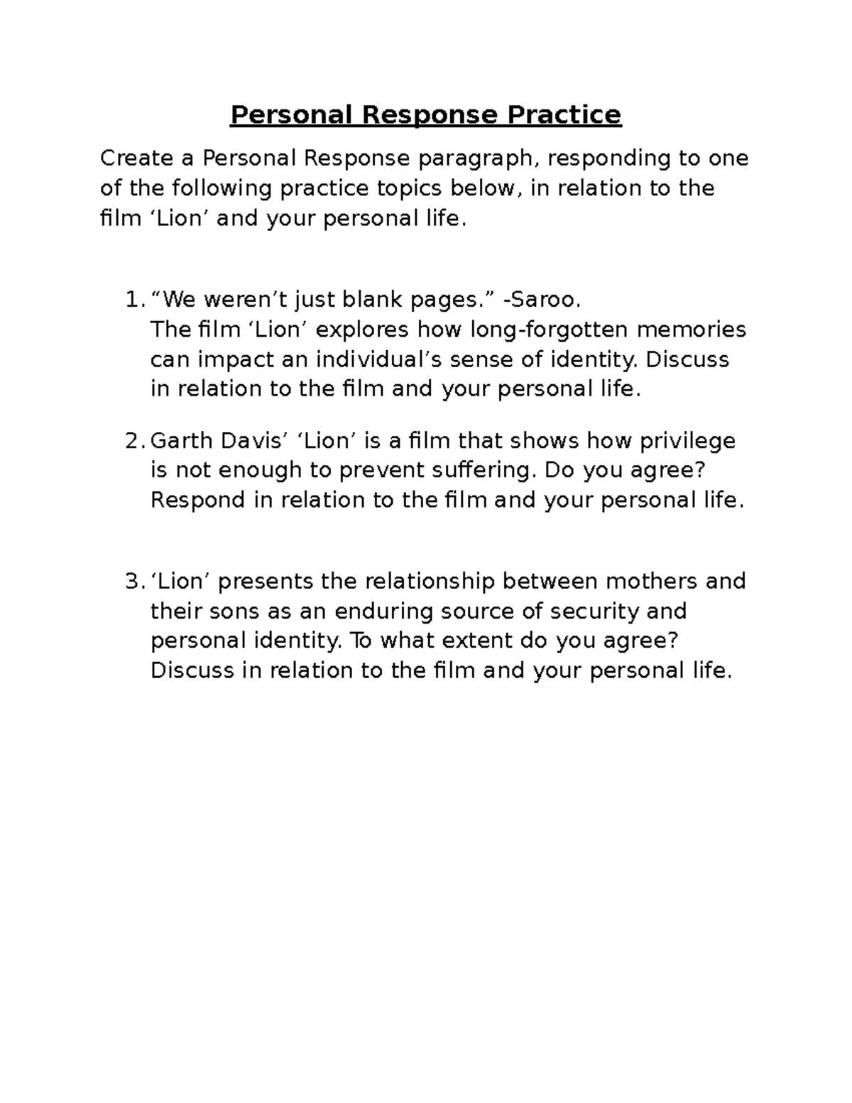 Personal Response Practice 2: Exploring Identity in Film and Life - Studocu