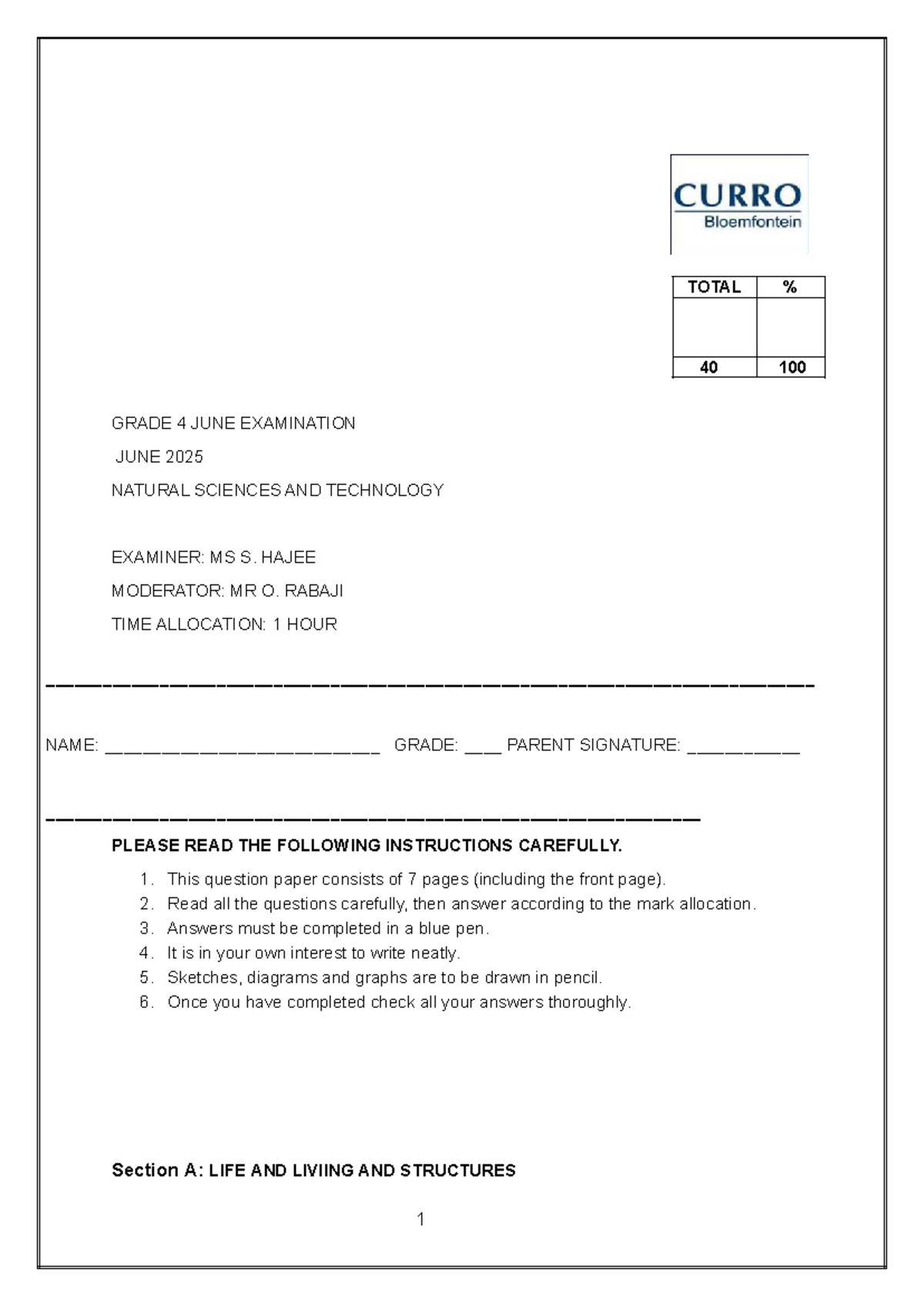 Grade 4 June 2025 Natural Sciences & Technology Exam Paper - Studocu