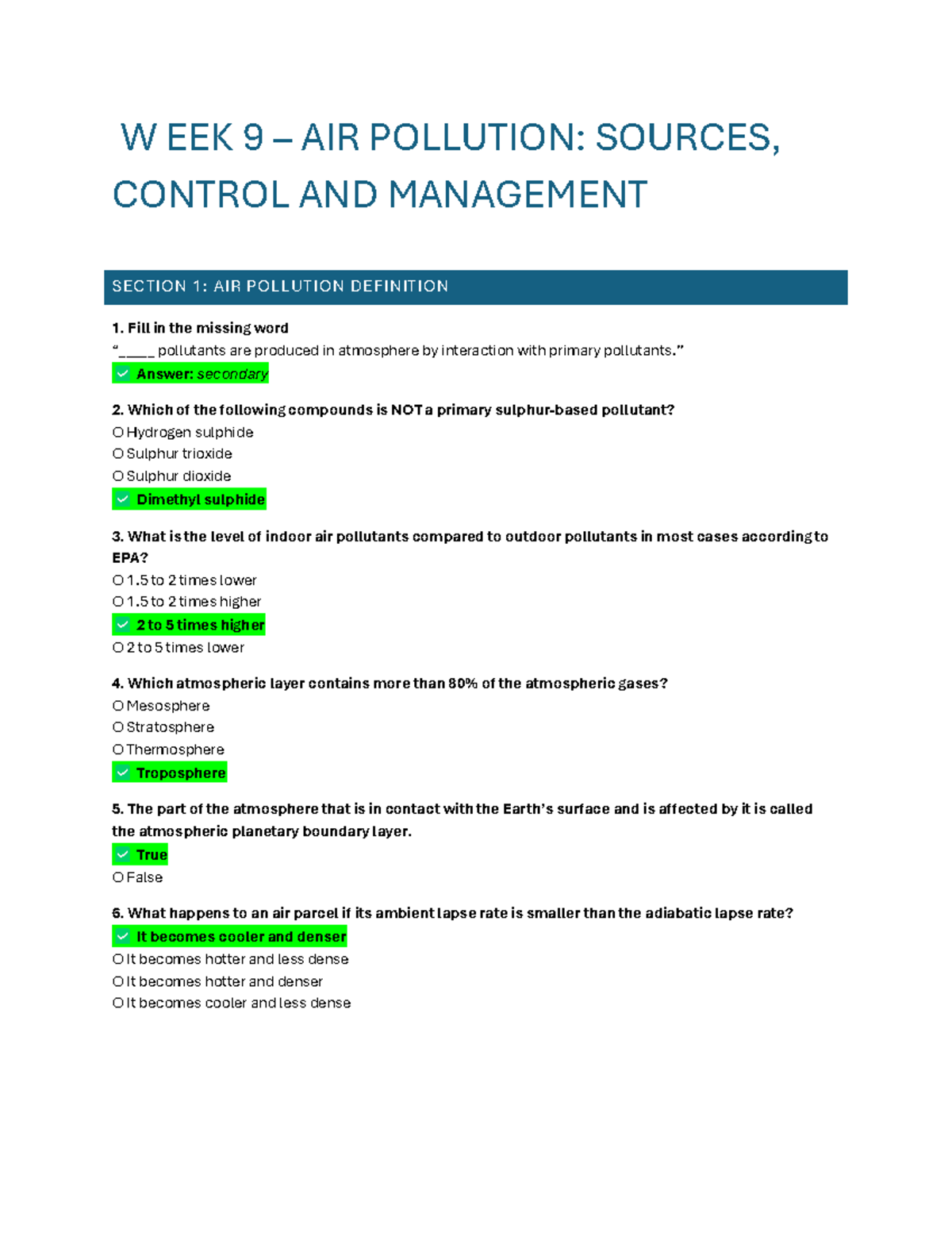 Week 10 - Air Pollution: Sources, Control & Management Questions - Studocu