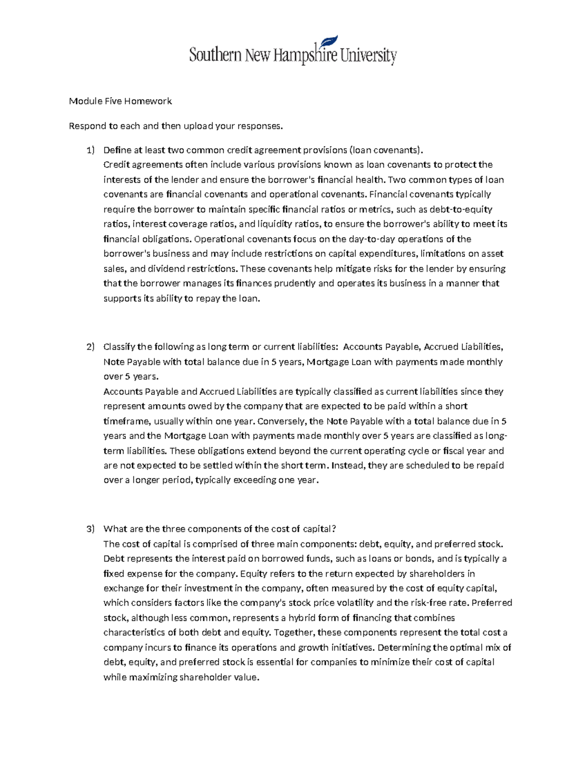 ACC 340 Module Five Homework: Loan Covenants & Cost of Capital Analysis ...